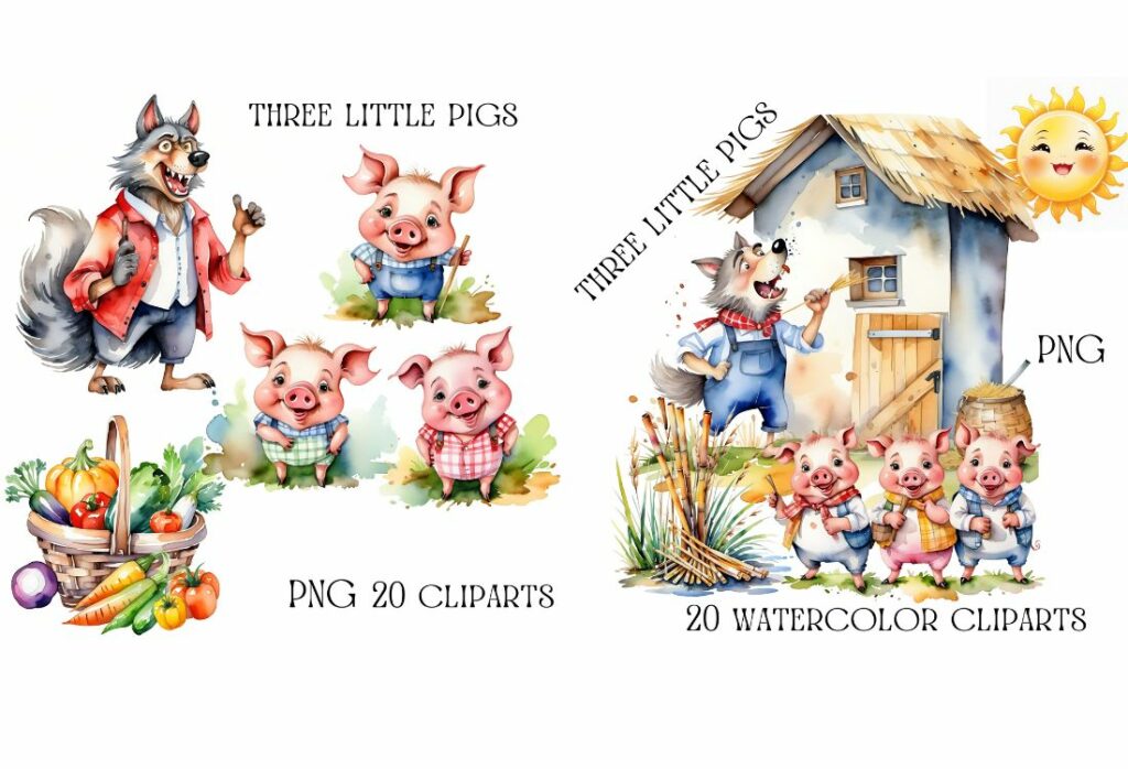 Fairytale Three little pigs and big bad wolf watercolor cliparts bundle - MasterBundles