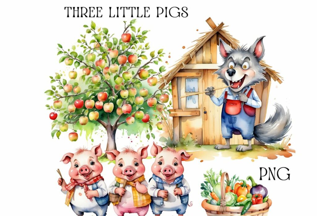 Fairytale Three little pigs and big bad wolf watercolor cliparts bundle ...