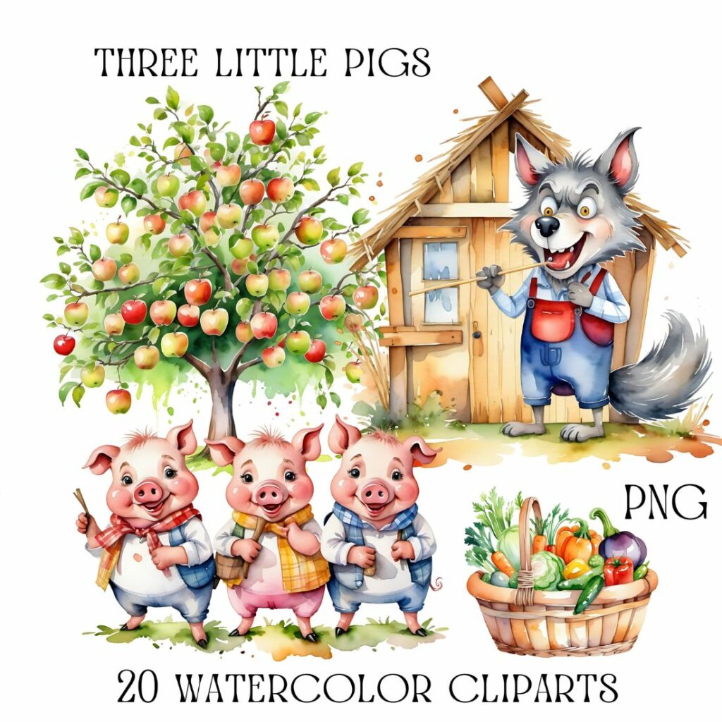Fairytale Three little pigs and big bad wolf watercolor cliparts bundle ...