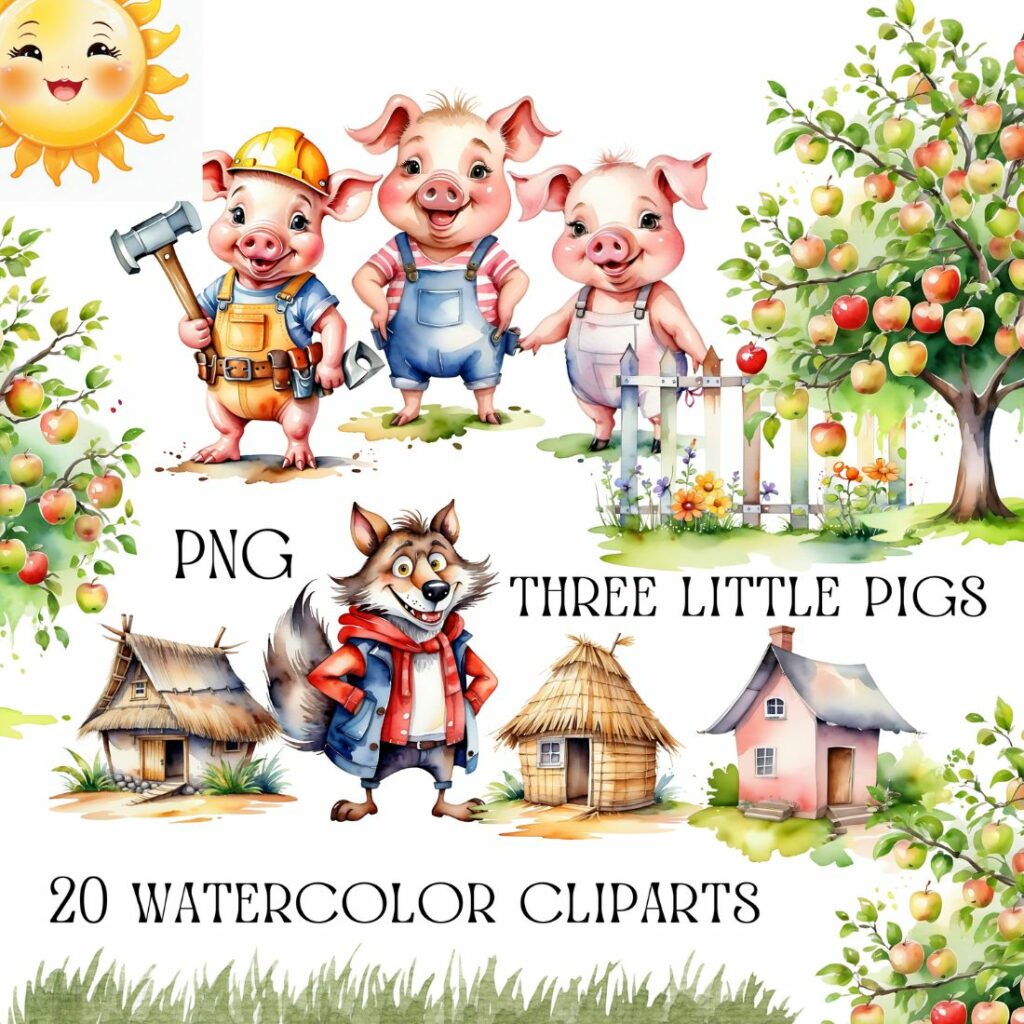 Fairytale Three little pigs and big bad wolf watercolor cliparts bundle ...