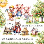 Fairytale Three little pigs and big bad wolf watercolor cliparts bundle ...