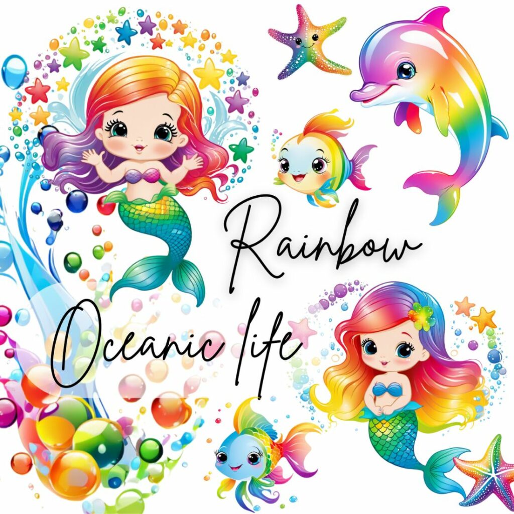 Rainbow little babys mermaids, fish, delphins - nautical cliparts ...