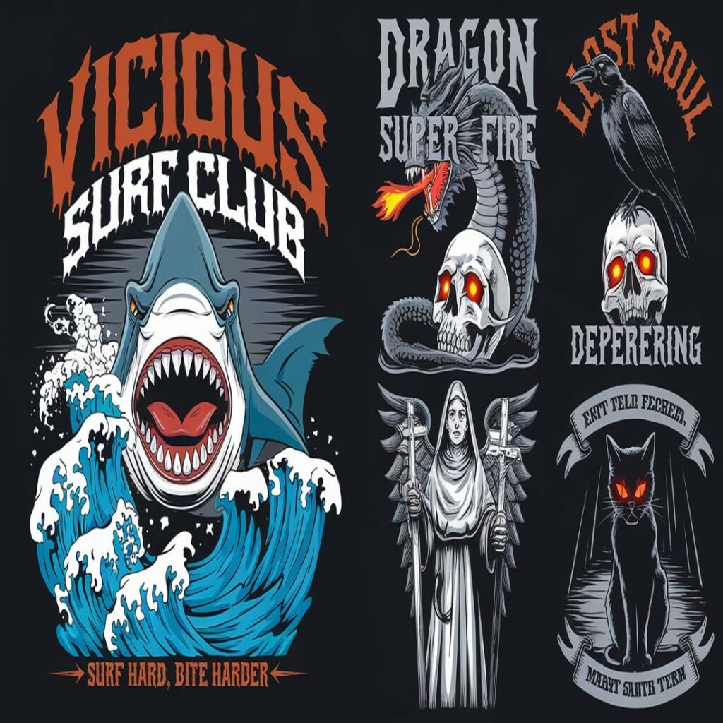 "Bold and Edgy Graphics: Vicious Surf Club & Gothic Icons" - MasterBundles