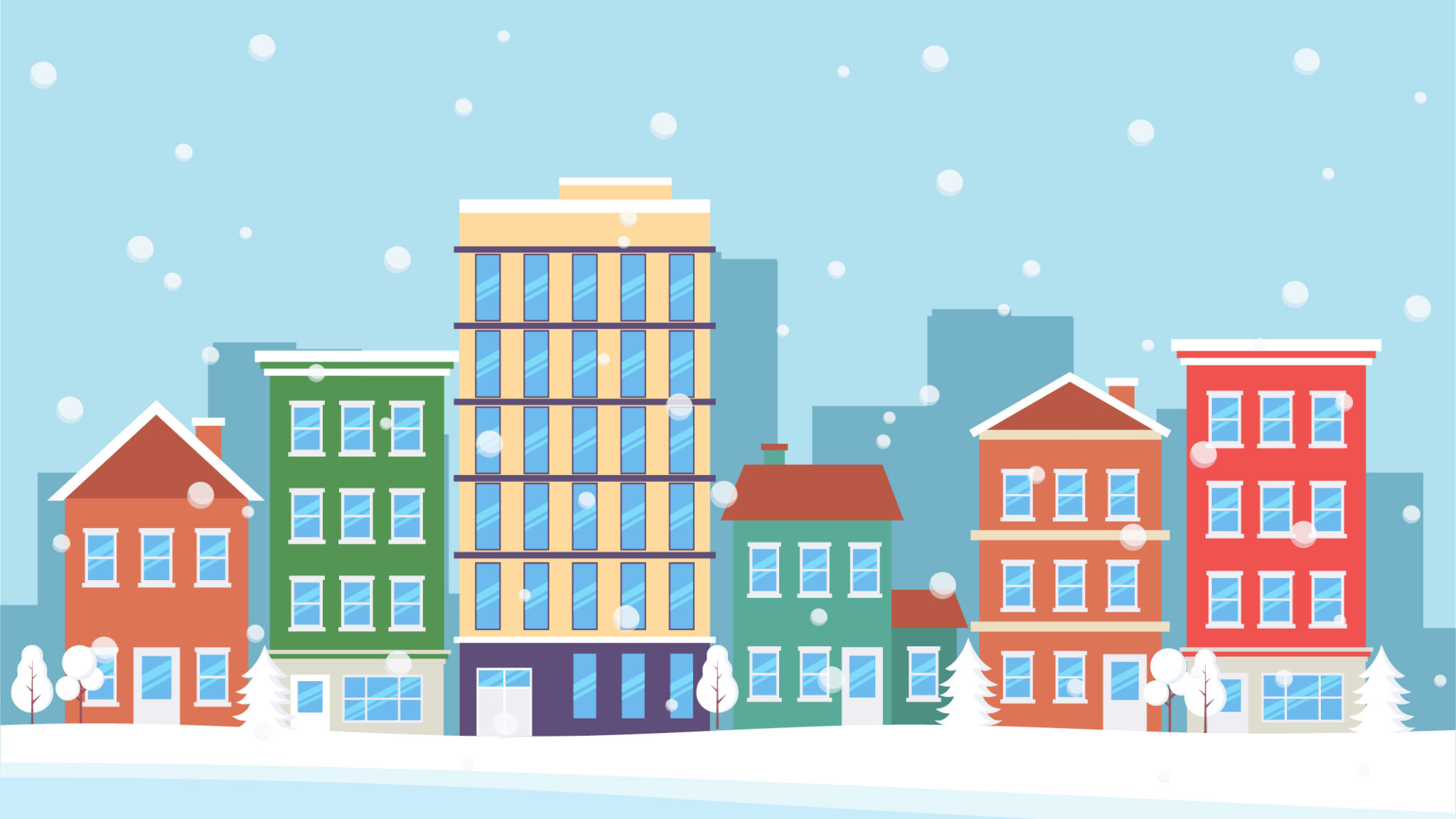 Cartoon winter townscape vector illustration. Day and night. Winter ...