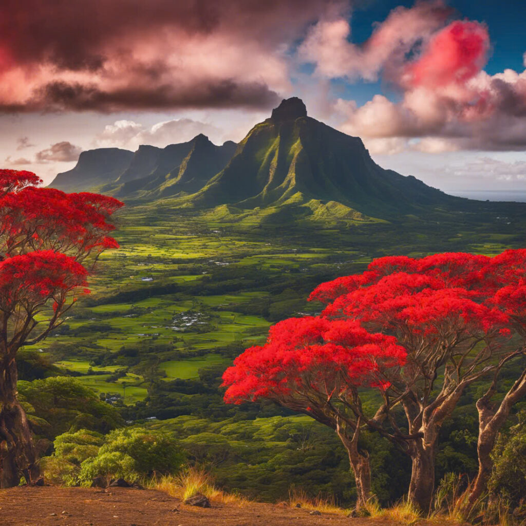 Majestic Mountain Landscapes of Mauritius with Vibrant Red Flame Trees ...