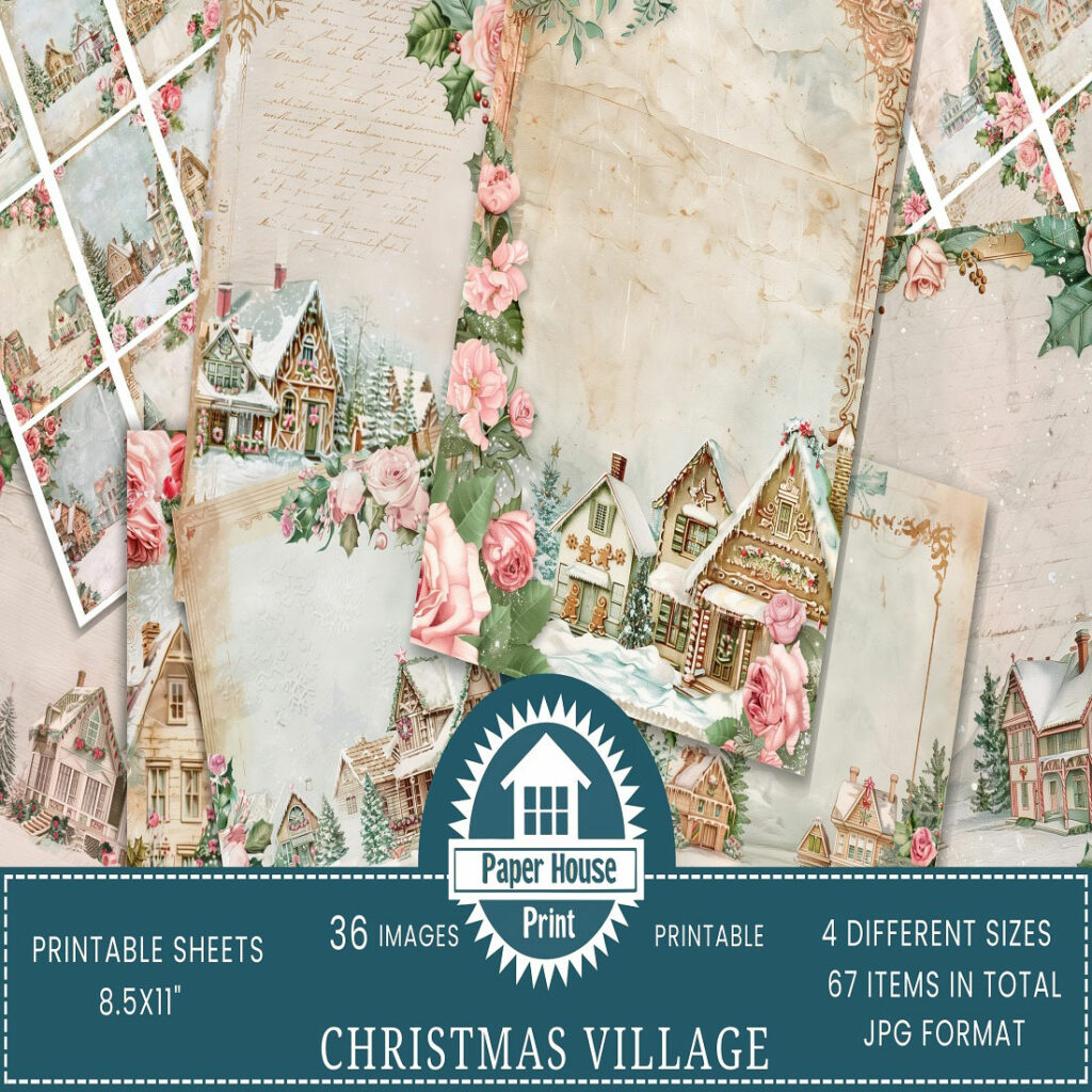 Vintage-Gingerbread-Christmas-Village-Junk-Journal-Paper - MasterBundles