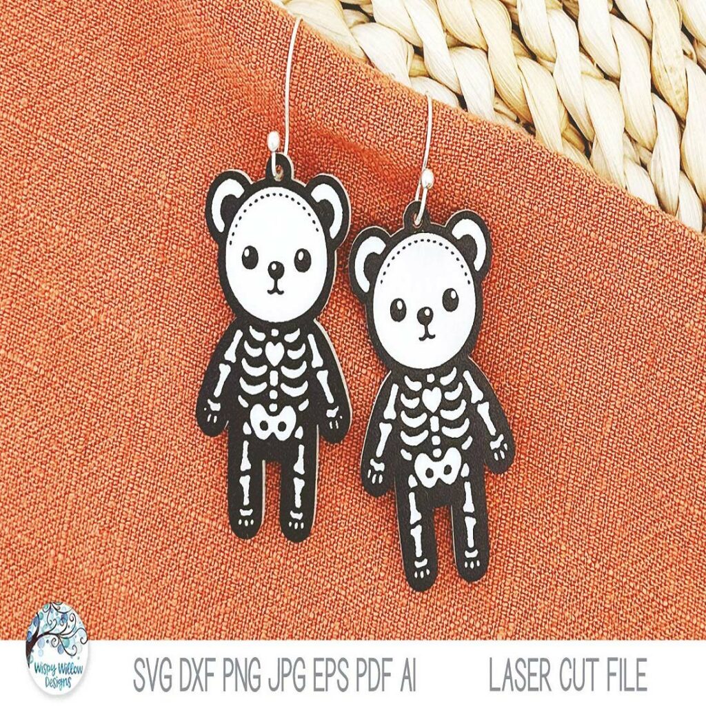 Teddy Bear Skeleton Halloween Earring SVG File for Laser Cut ...
