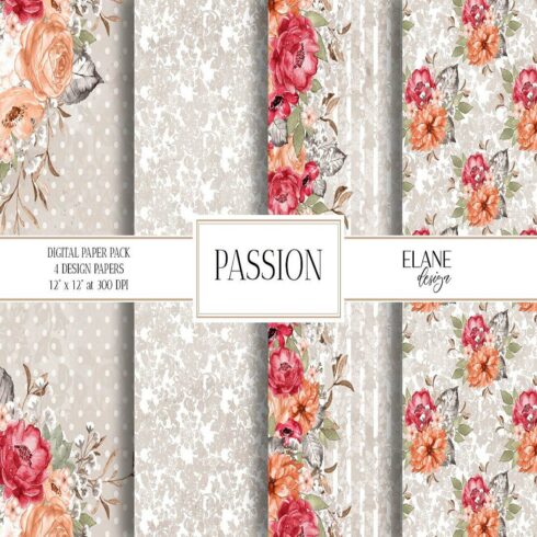 Floral Digital Paper, Red Purple Orange Flowers - MasterBundles