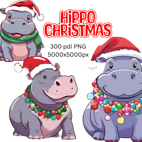 Hippo Christmas theme cliparts bundle
