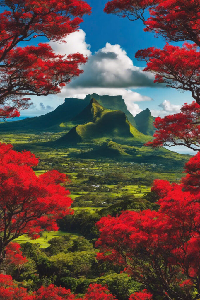 Majestic Mountain Landscapes of Mauritius with Vibrant Red Flame Trees ...