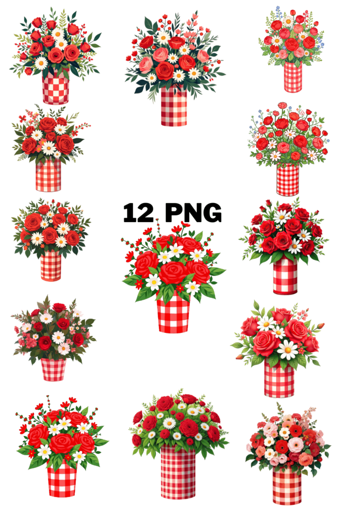 Flower Bouquet in Gingham Vase Sublimation Clipart Bundle - MasterBundles
