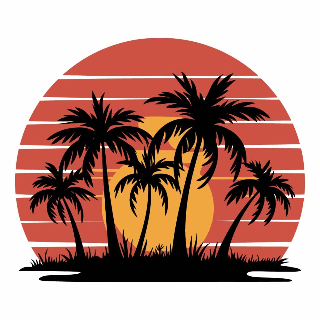 7 Pes Tropical Palm Trees Against Sunset Horizon palm tree icons Design ...