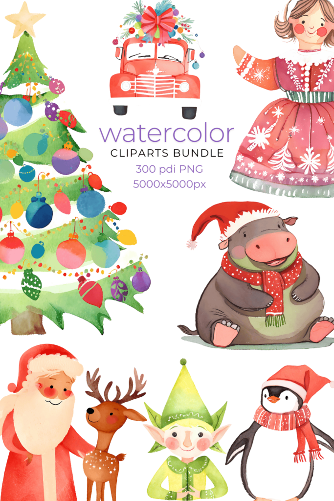 Watercolor painting Christmas Characters cliparts bundle PNG large ...