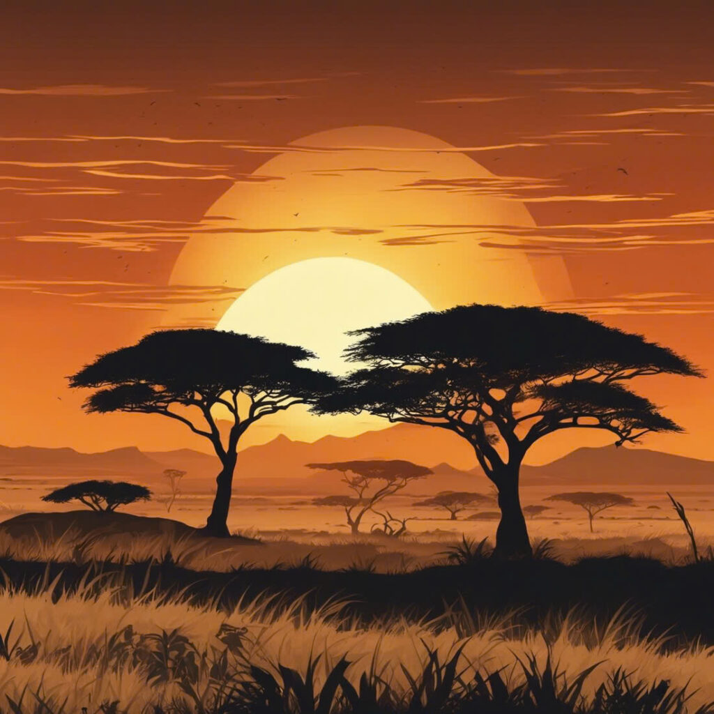 African Savannah Sunset: Acacia Tree Silhouette with Grassland, Rocks ...