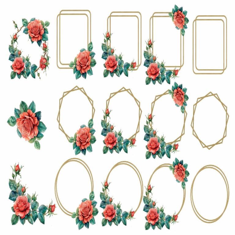 Floral Double Gold Flower PNG Frame Border, Frame with Roses - MasterBundles
