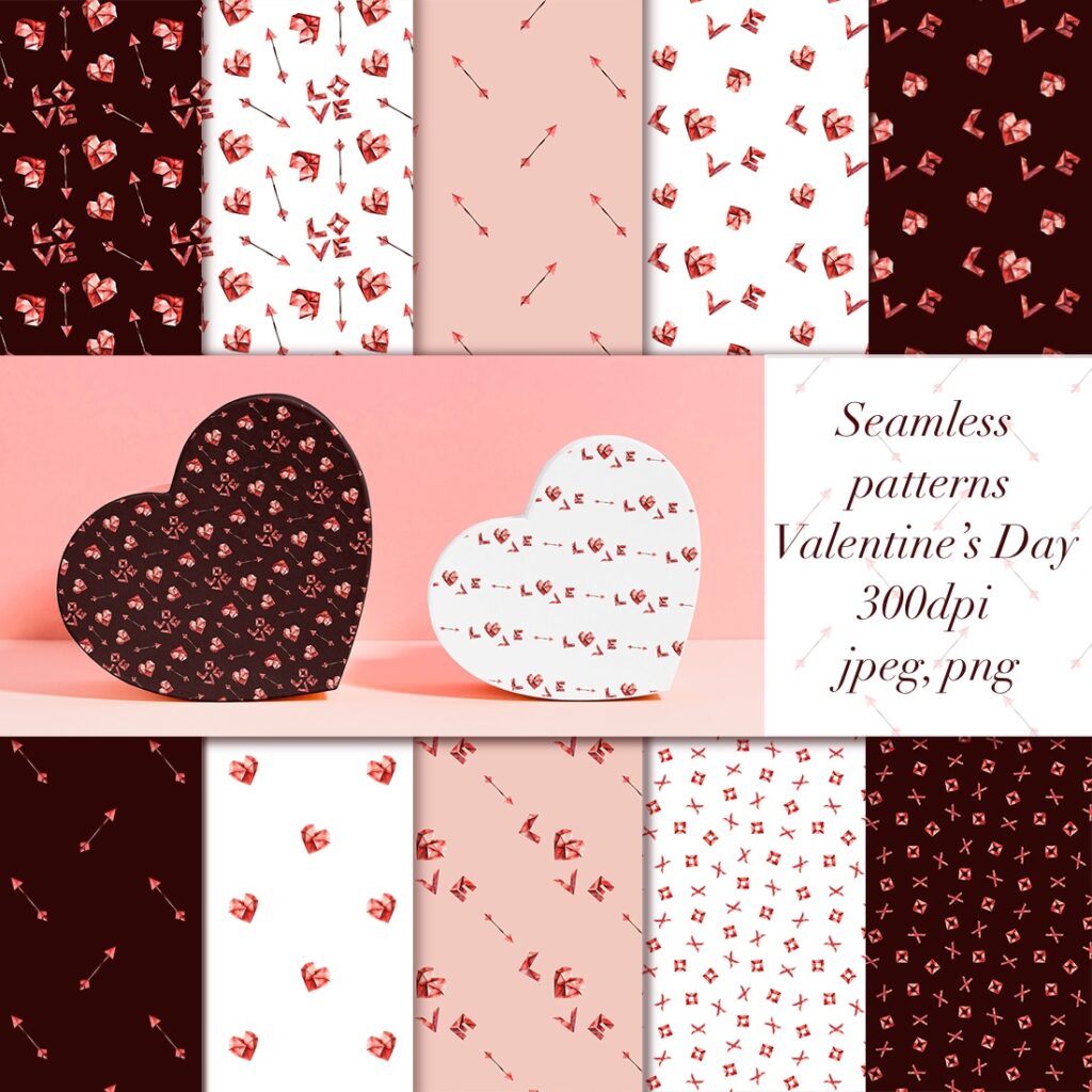seamless Valentine’s Day patterns created in watercolor technique ...