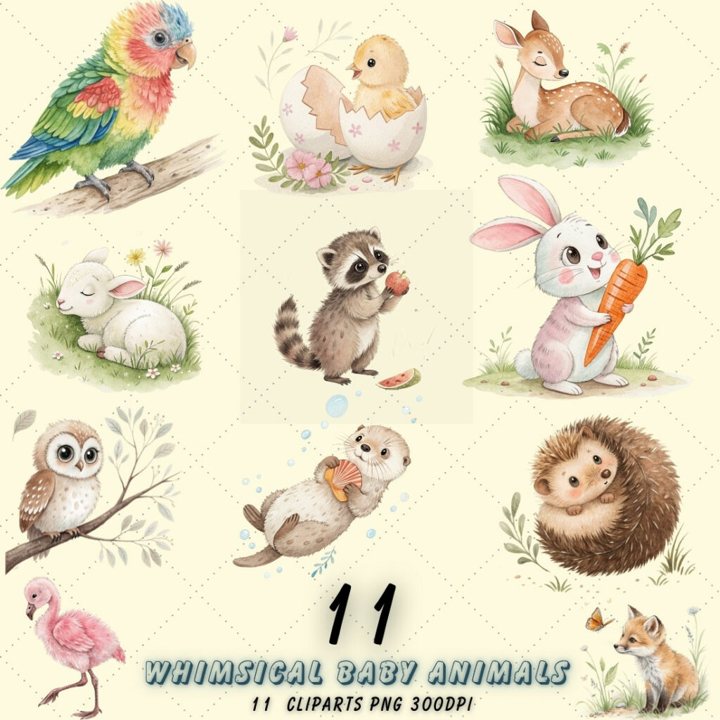 Spring Baby Animals Watercolor Collection – Fluffy Bunnies, Chicks ...