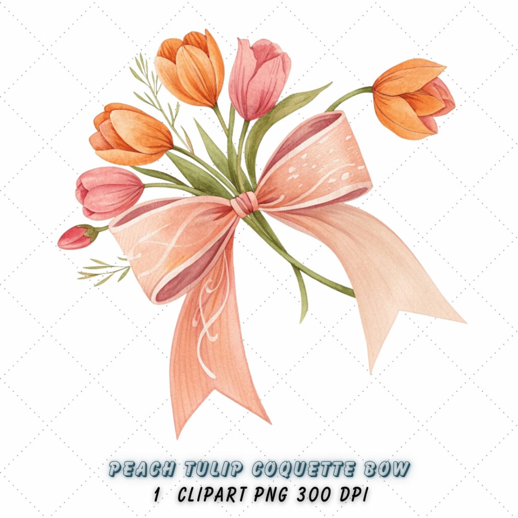 Peach Tulip Coquette Bow Clipart, peach tulip bow, coquette bow clipart ...