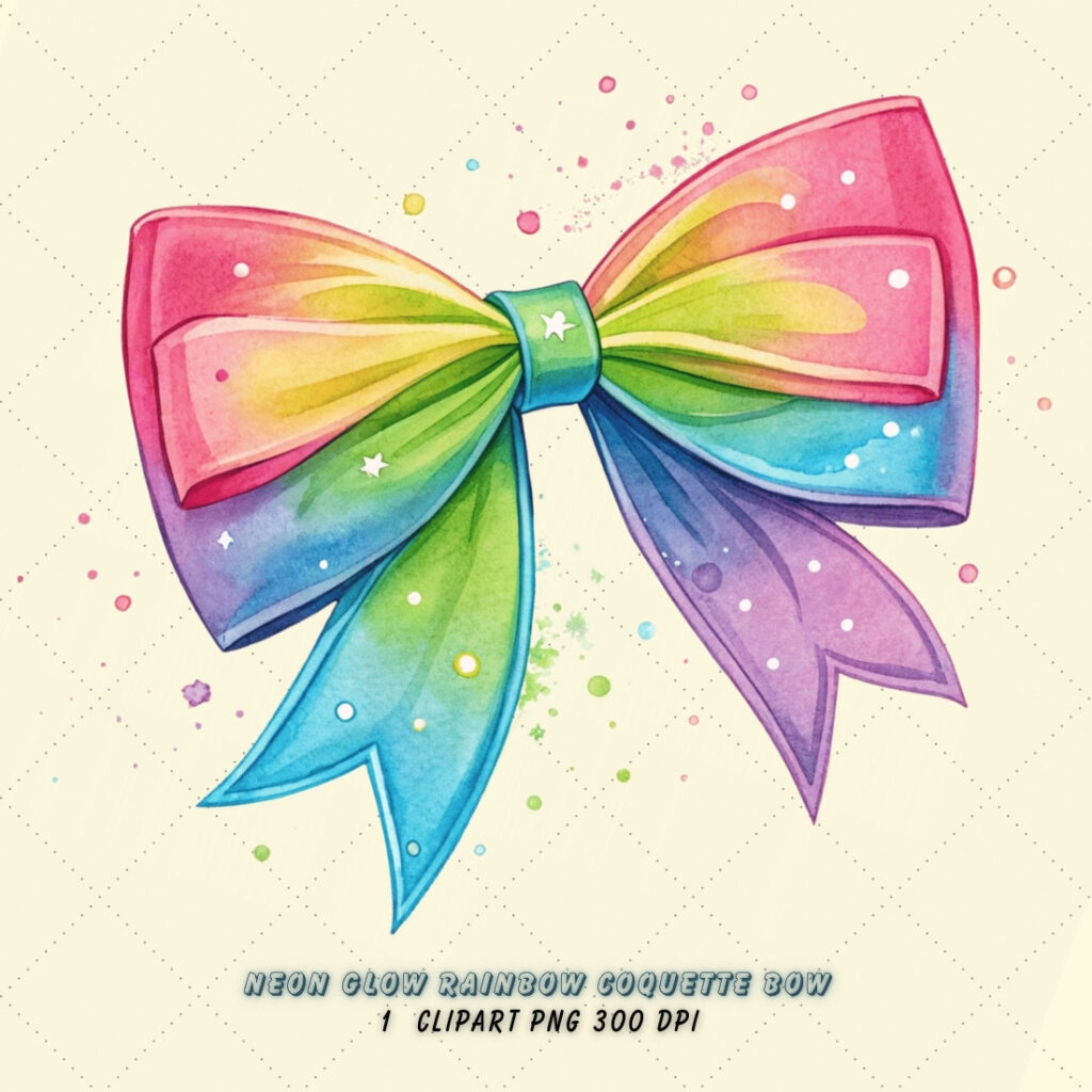 Neon Glow Rainbow Coquette Bow Clipart, neon rainbow bow, glowing ...