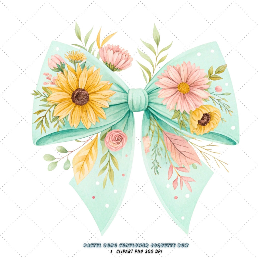 Pastel Boho Sunflower Coquette Bow Clipart, pastel boho bow, sunflower ...