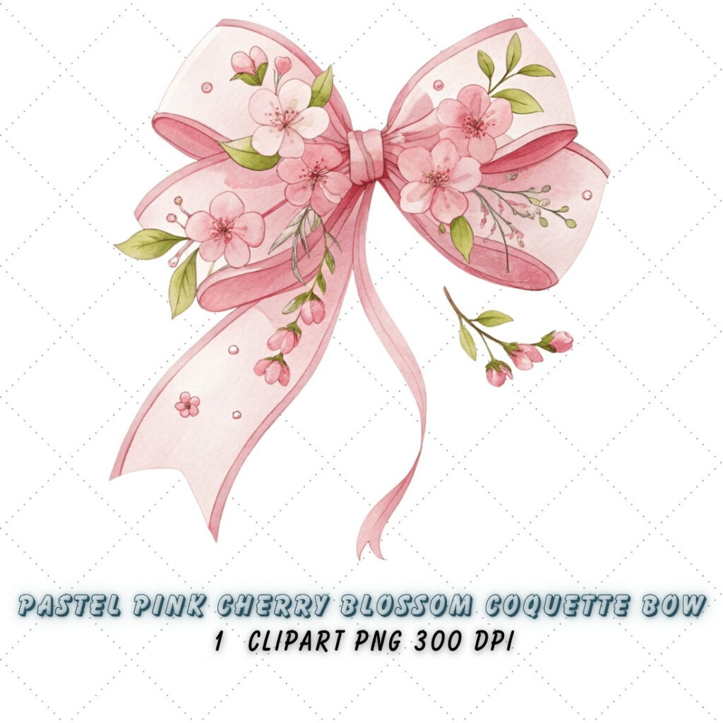 Pastel Pink Cherry Blossom Coquette Bow Clipart - MasterBundles