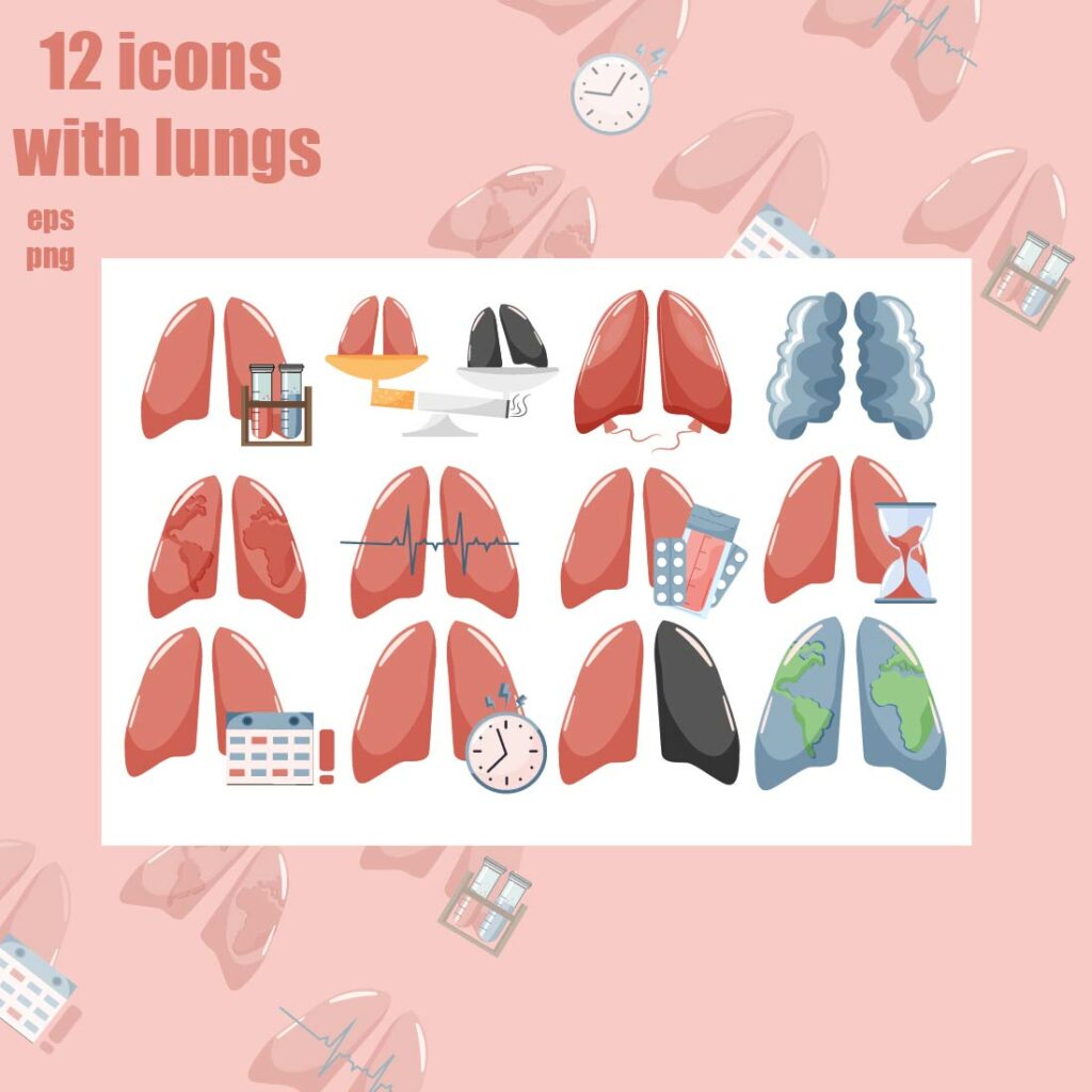 Set of 12 Lungs Icons – Healthy & Unhealthy, Planet Lungs, Cigarette ...