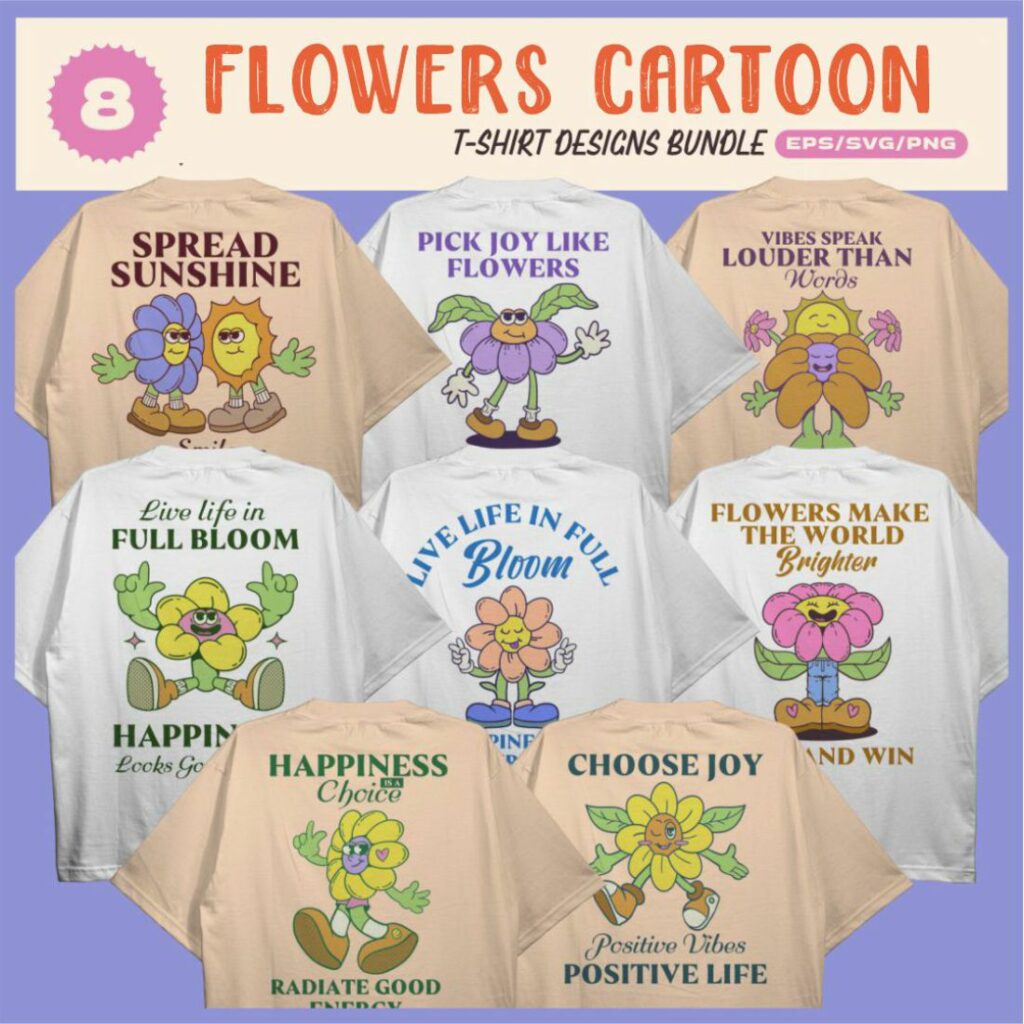 Groove Flowers Cartoon T-shirt Designs Bundle - MasterBundles