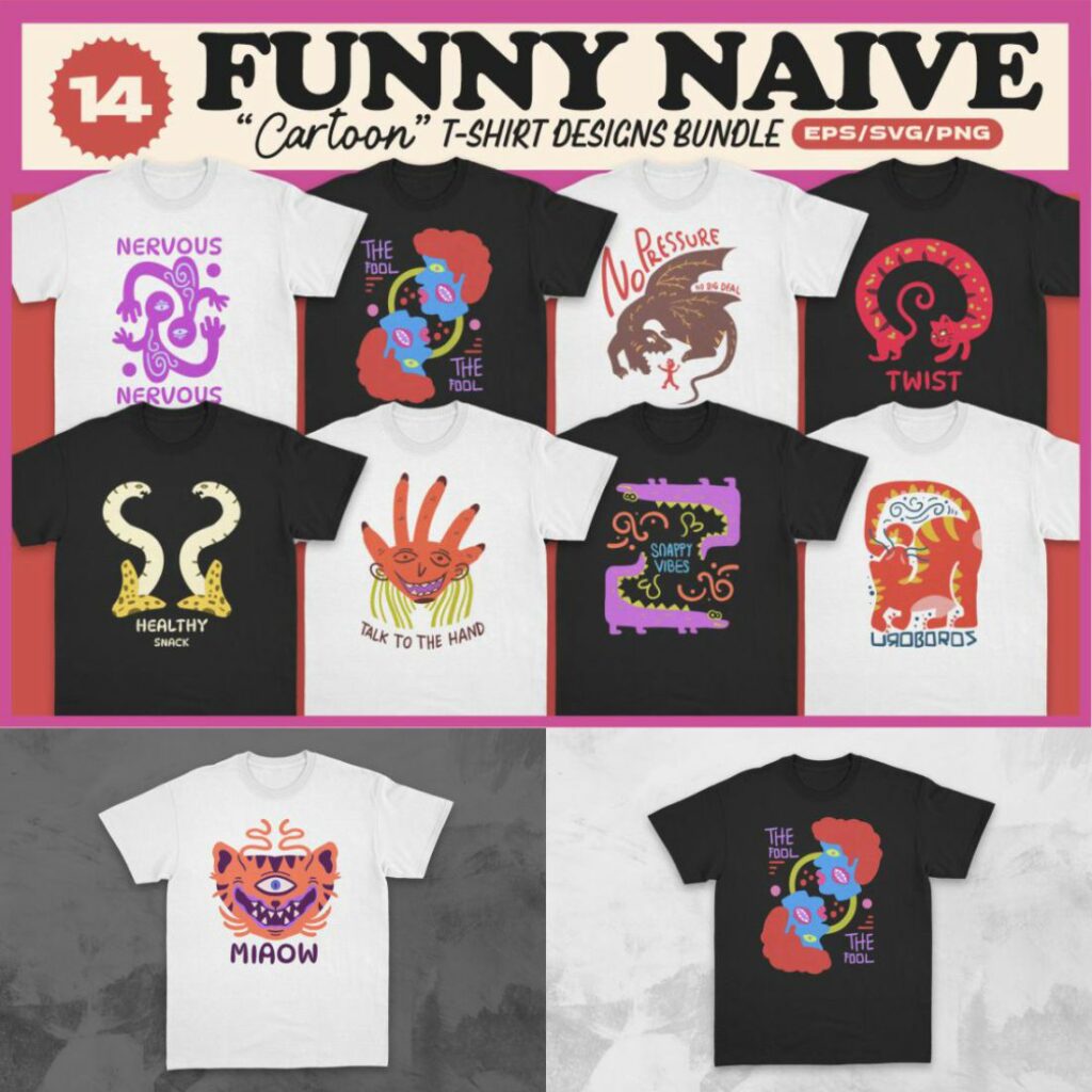 Funny Naive Cartoon T-shirt Designs Vector Bundle - MasterBundles