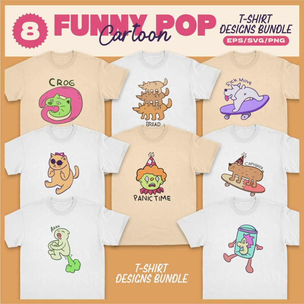 Funny Pop Cartoon Animals T-shirt Designs Vector Bundle - MasterBundles
