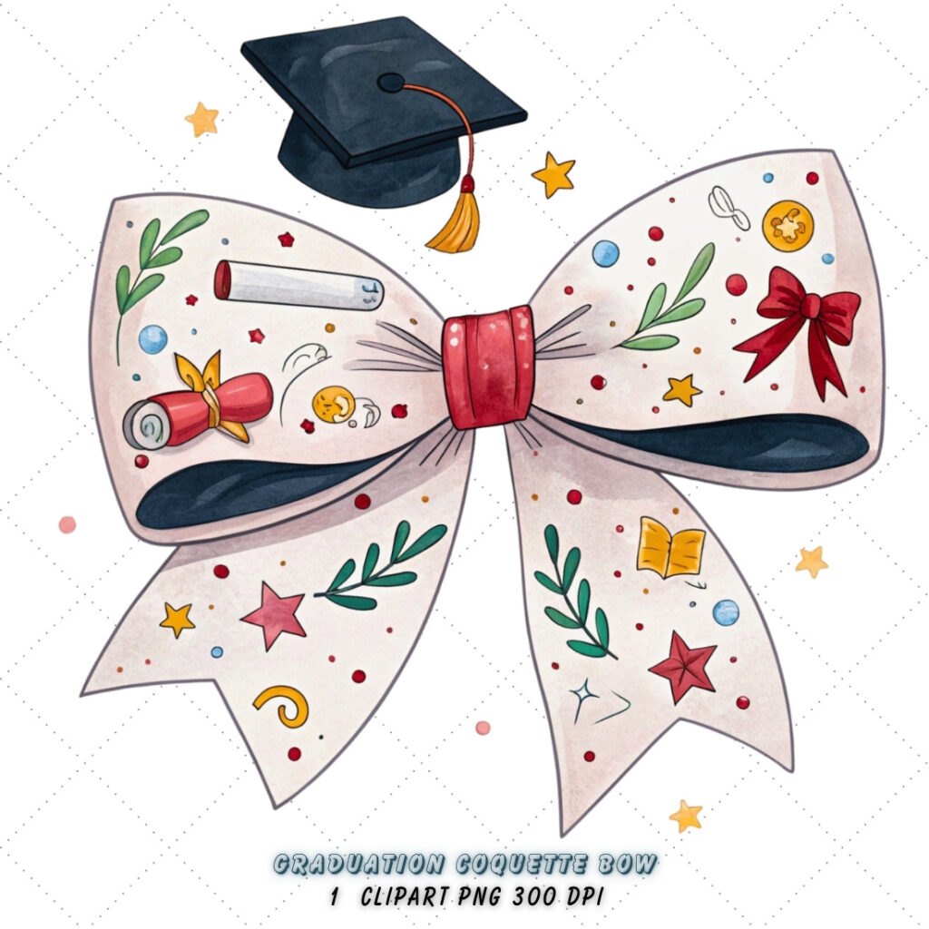 graduation cap bow, coquette bow clipart, diploma theme bow, cap design ...