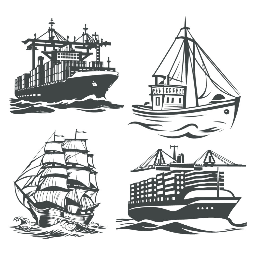 Ships and boats . Barge, cruise ship, shipping and fishing boat signs ...