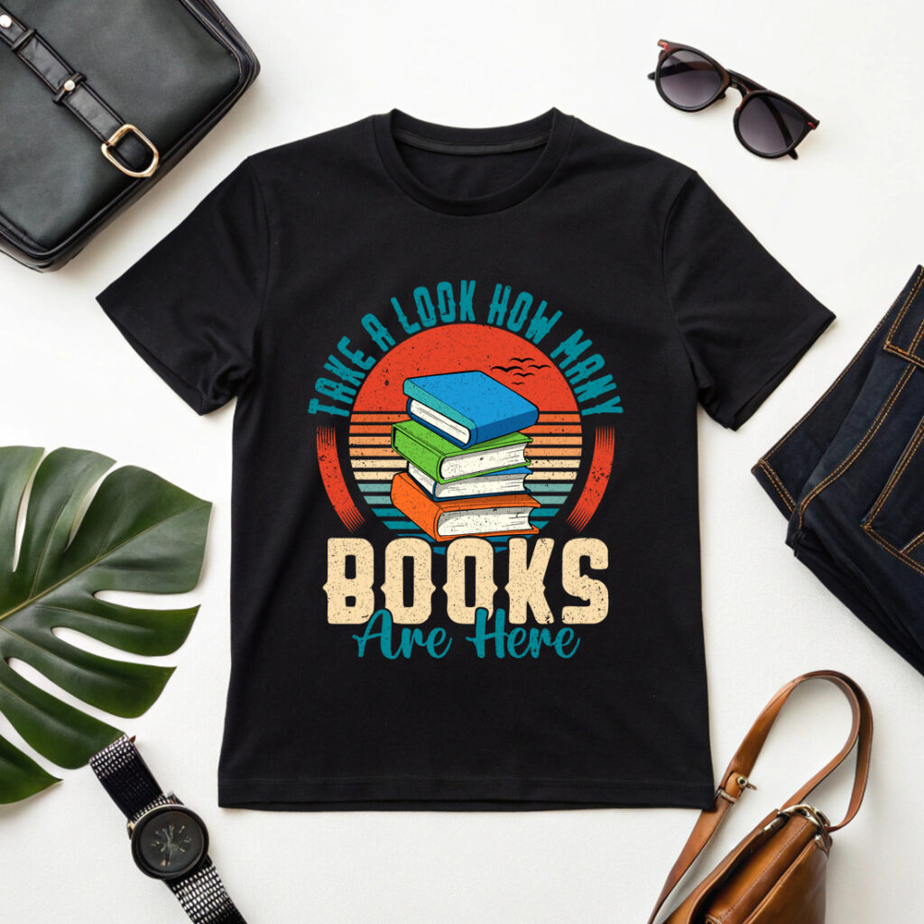 vintage book lover t-shirt design with retro sunset and stacked books ...