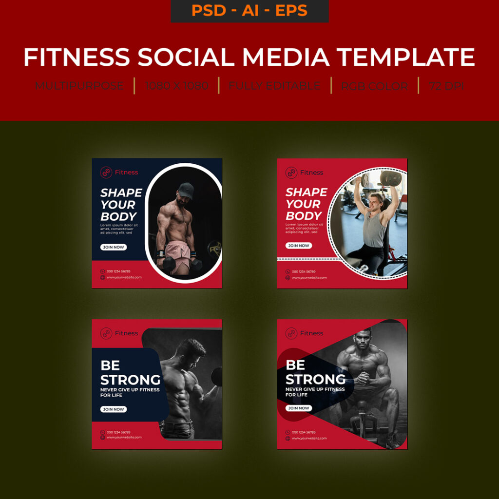Fitness and Gym Square Social Media Template - MasterBundles