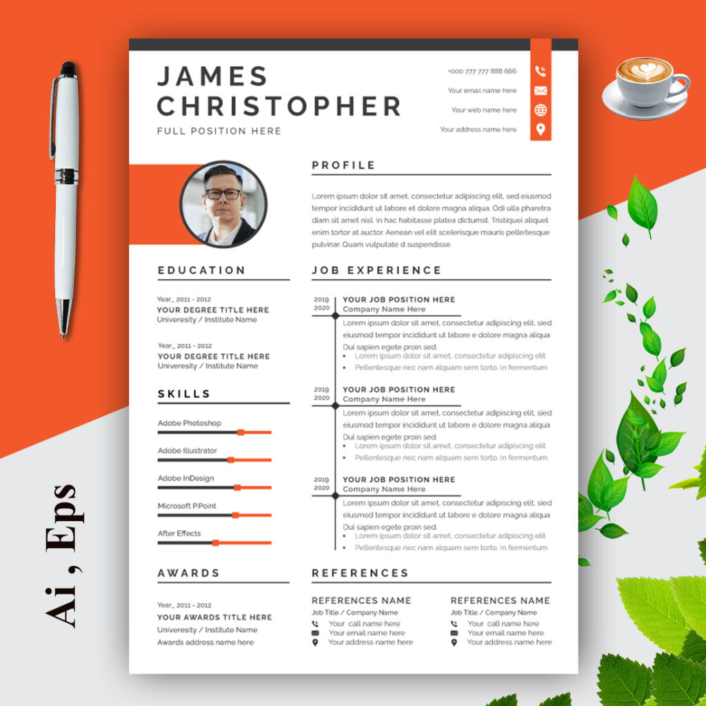 Resume Layout with Black and Orange - MasterBundles