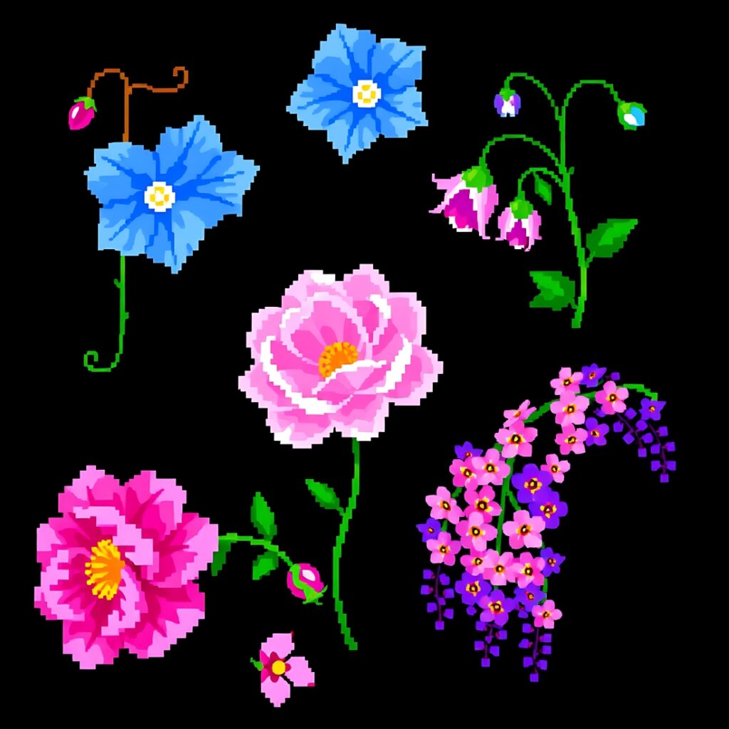 Pixel Floral PNG Bundle – Lilies, Carnations, Daisies & Ivy Vines | 200 ...