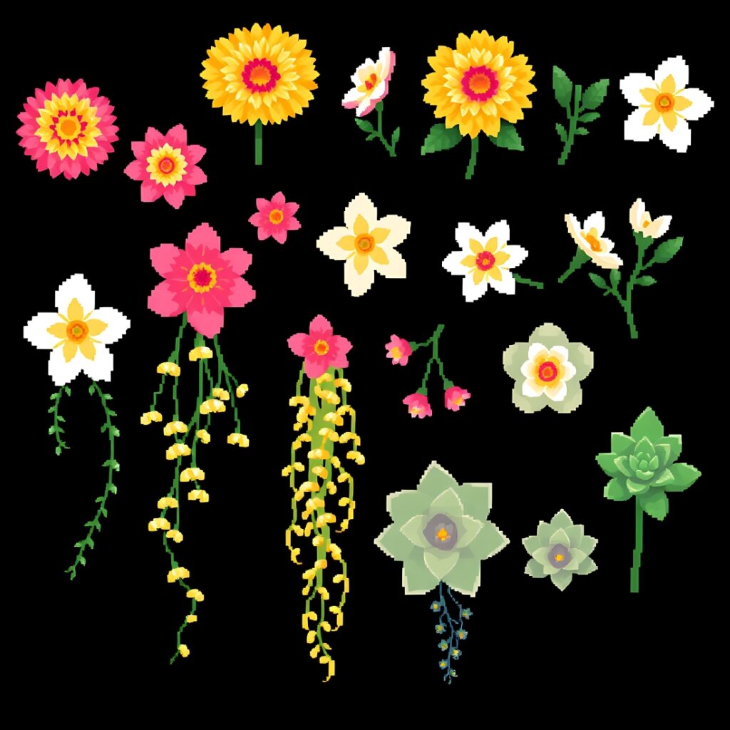 Pixel Flower PNG Bundle – Cherry Blossoms, Sunflowers, Peonies & Moss ...