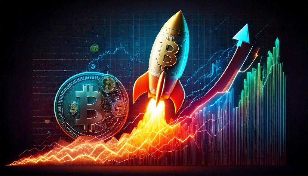 Bitcoin-Shaped Rocket Blasting Toward the Moon in Glowing Night – 8-Bit ...
