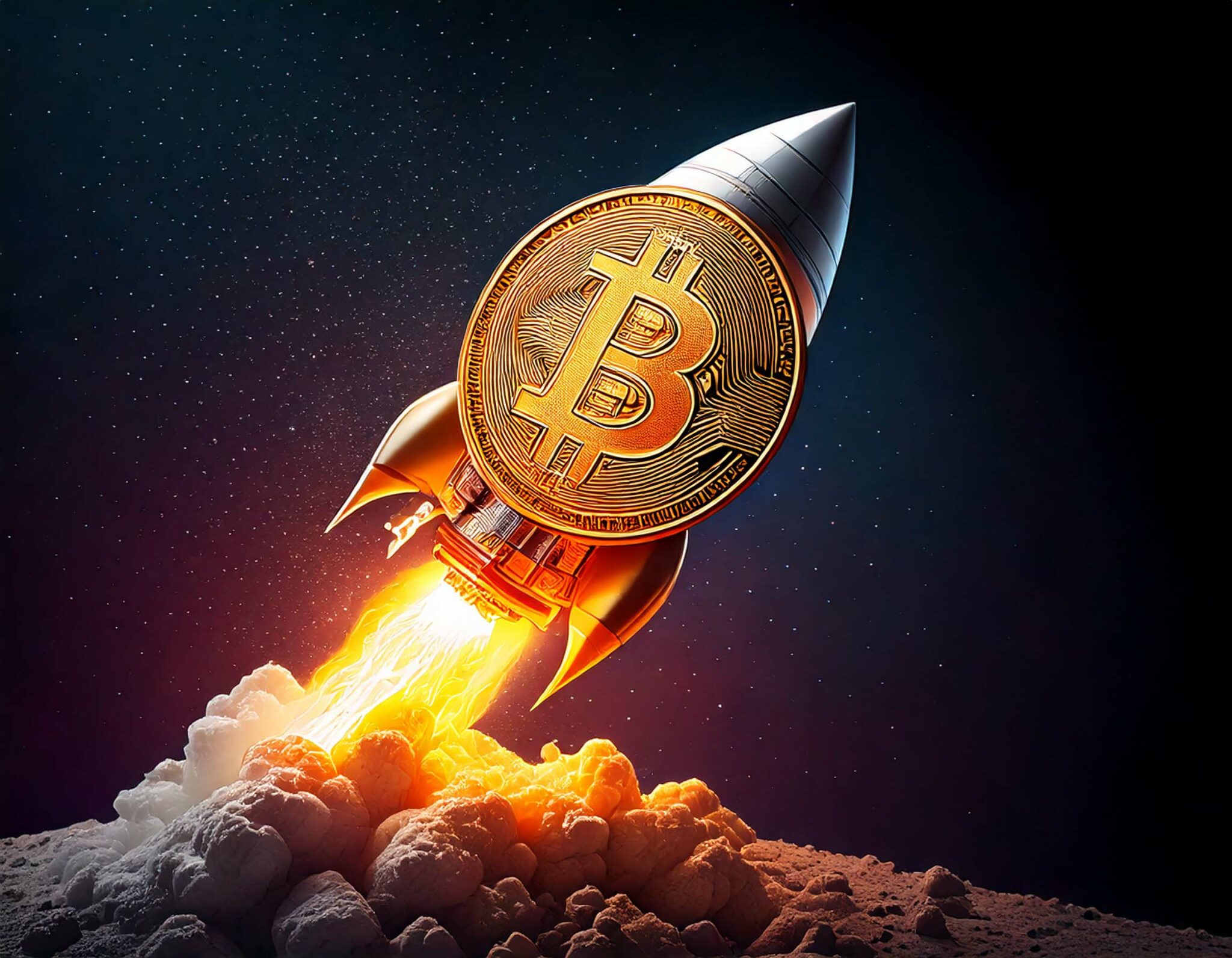 Bitcoin-Shaped Rocket Blasting Toward the Moon in Glowing Night – 8-Bit ...
