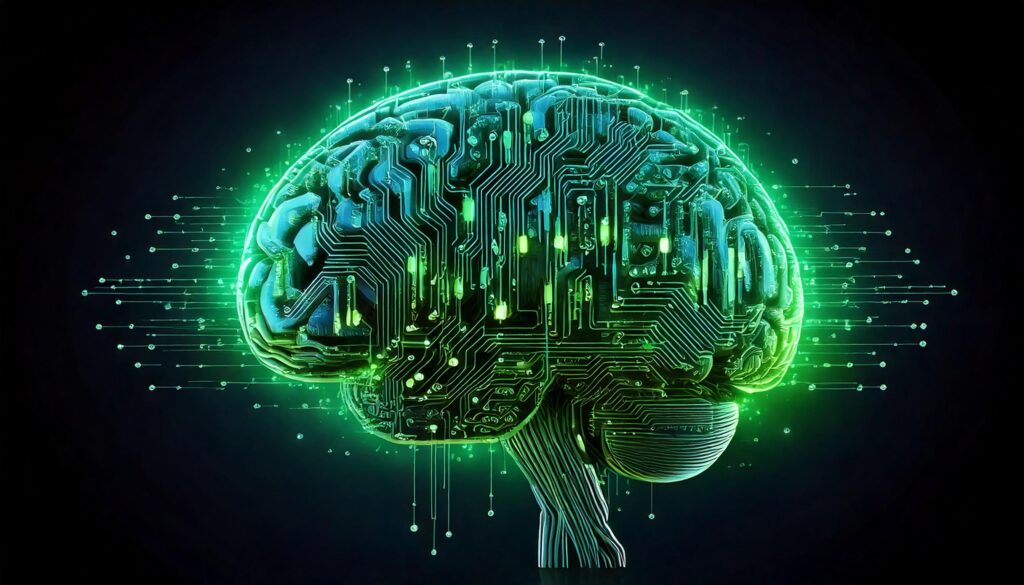 Glowing Green Digital Brain with Candlestick Charts in Circuit ...