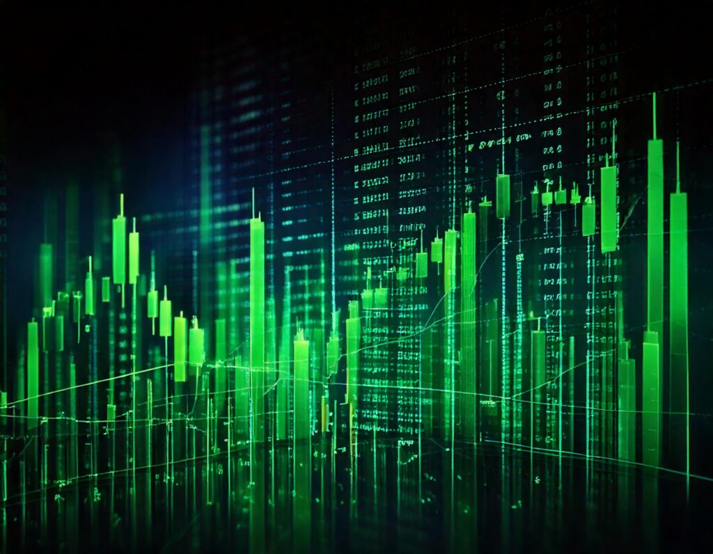 Glowing Green Digital Brain with Candlestick Charts in Circuit ...