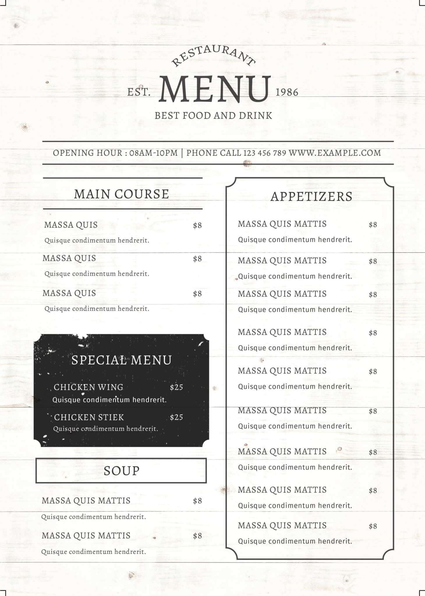 Rustic Elegance – Double-Sided Restaurant Menu with Wood Grain Texture ...