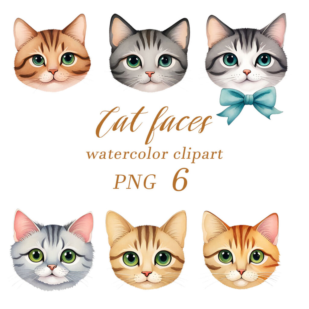 Cat face, watercolor, png, CuteCatFaces - MasterBundles