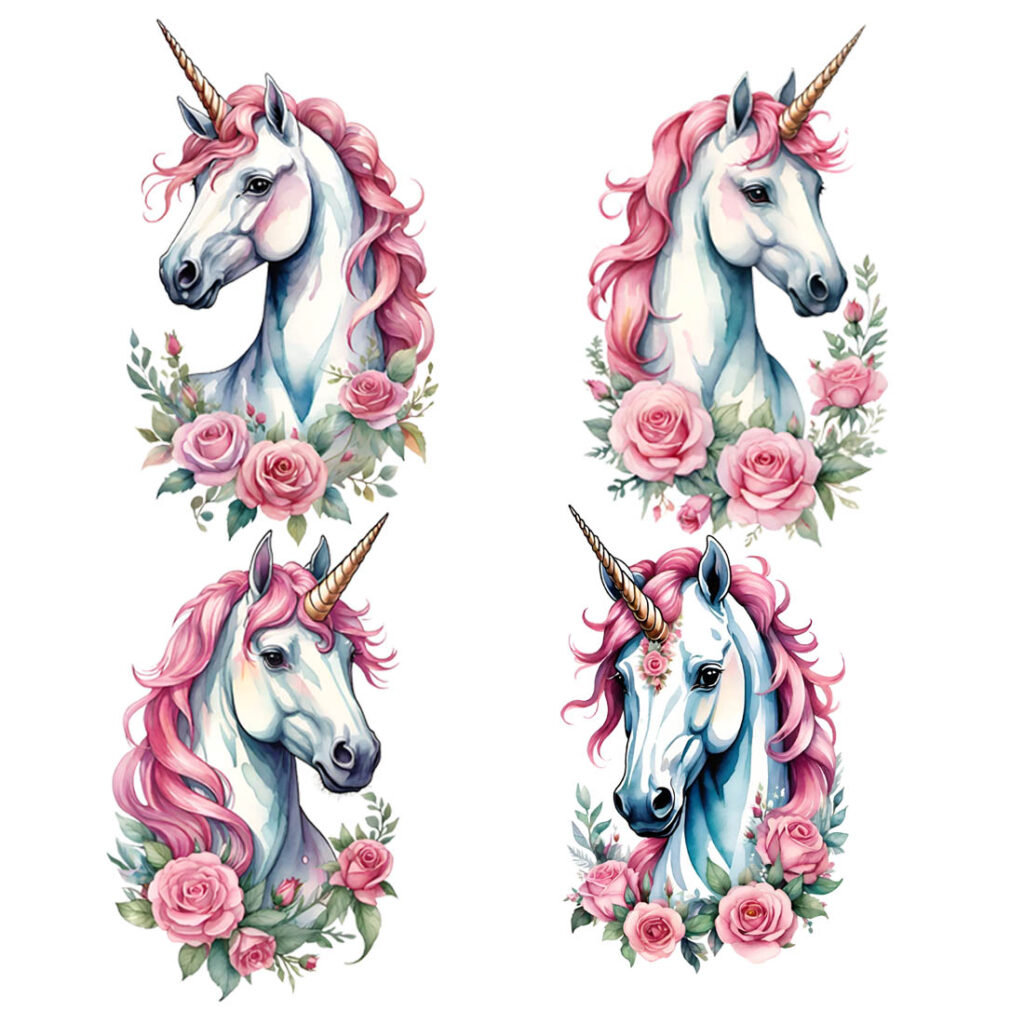pink unicorns with roses, watercolor clipart, unicorn, png - MasterBundles