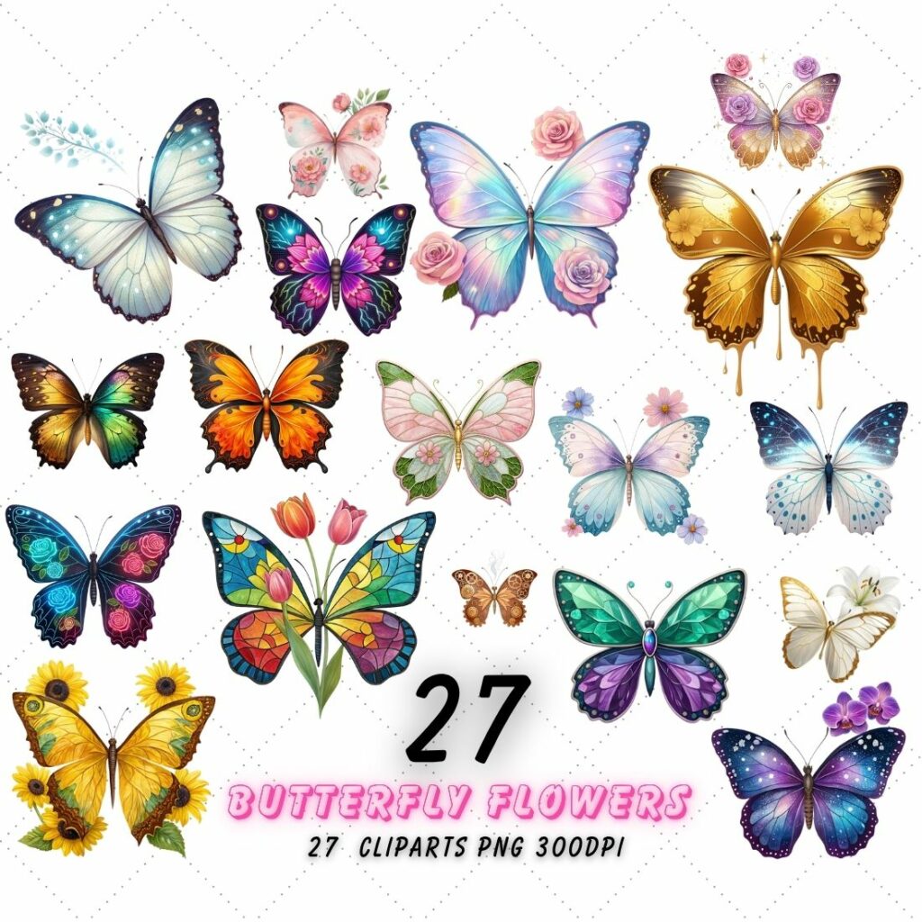 Whimsical Butterfly Garden Watercolor Clipart Bundle - MasterBundles