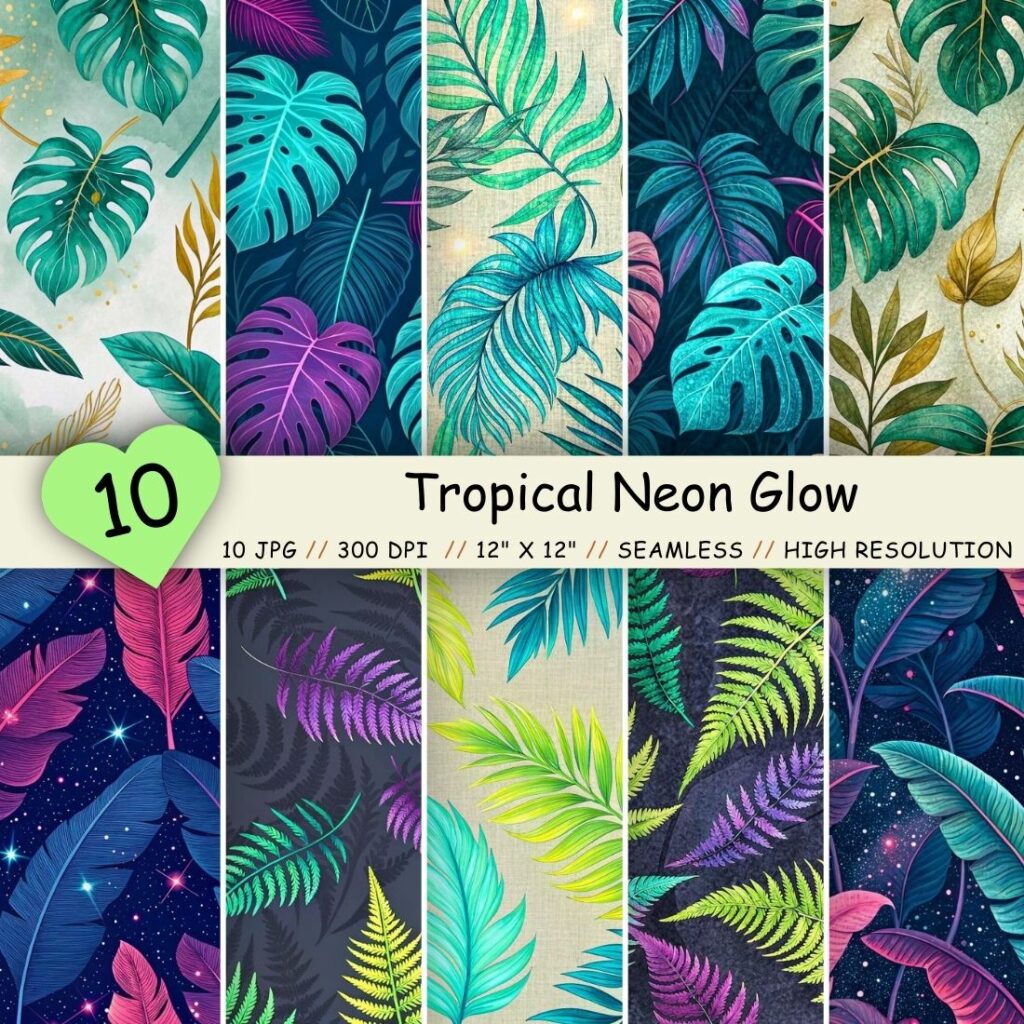 Tropical Neon Glow Seamless Pattern – UV-Reactive Bioluminescent Leaves - MasterBundles