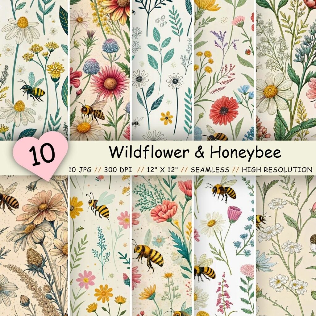 Wildflower & Honeybee Harmony Patterns, Seamless Digital Paper ...