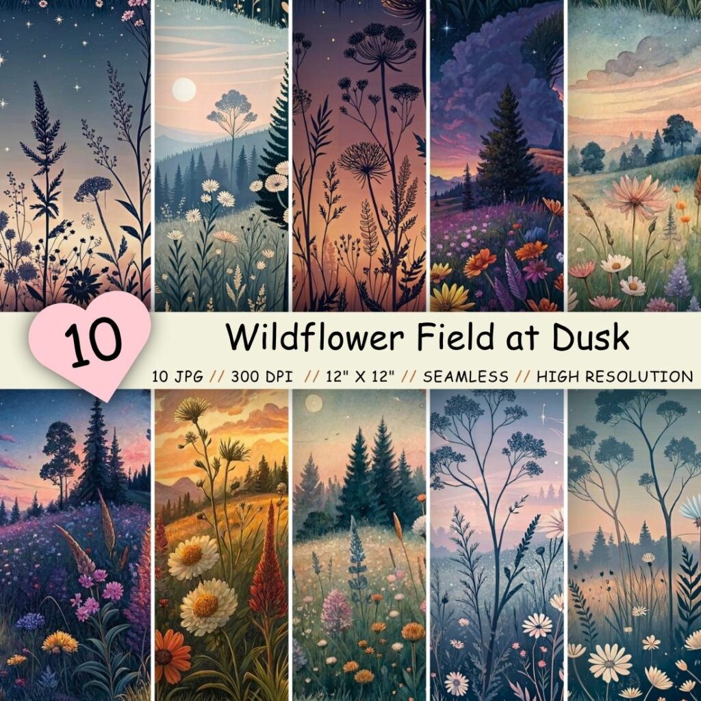 Wildflower Field at Dusk Patterns, Seamless Digital Paper - MasterBundles