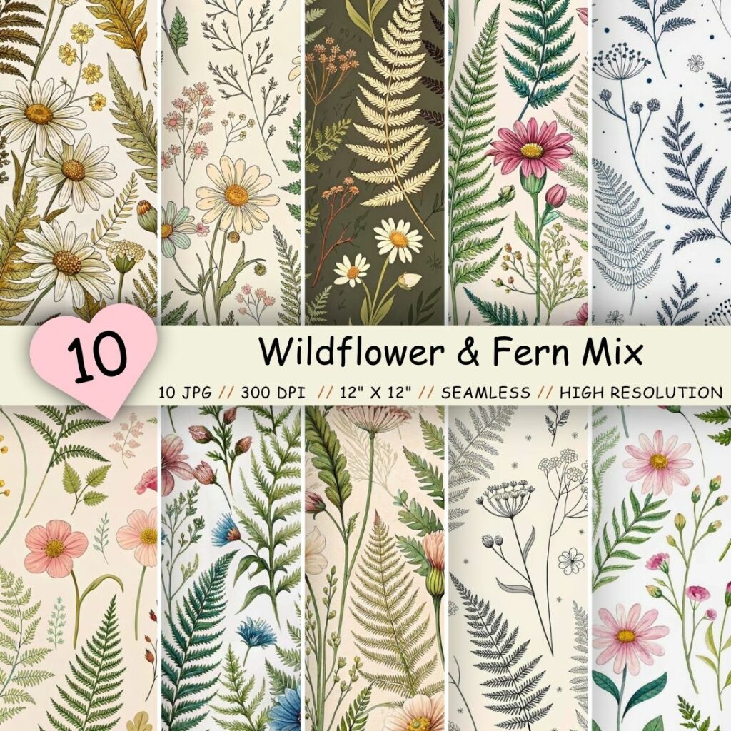 Wildflower & Fern Mix Pattern, Seamless Digital Paper - MasterBundles