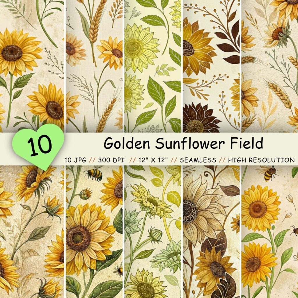Golden Sunflower Field Seamless Pattern – Yellow & Earthy Farmhouse ...