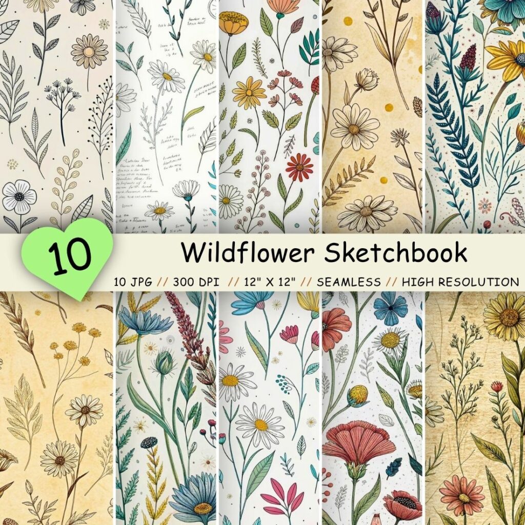 Wildflower Sketchbook Doodle Pattern, Seamless Digital Paper ...